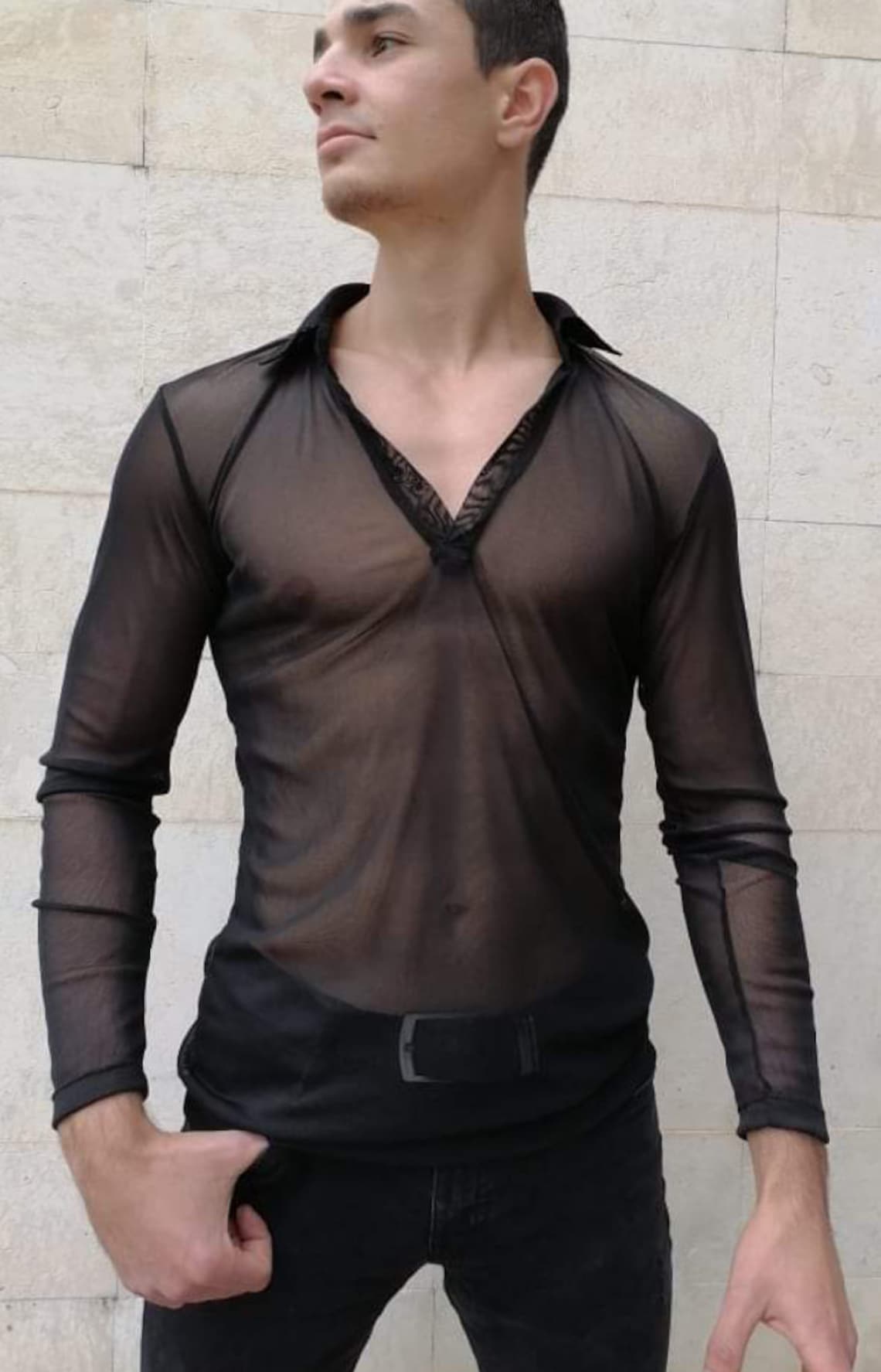 Mesh Shirt Outfit Long Sleeve,black Men's Sheer Shirt, Black Modern ...