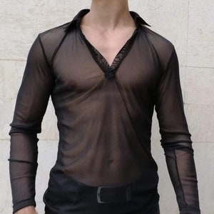 Mesh Shirt Outfit Long Sleeve,black Men's Sheer Shirt, Black Modern ...