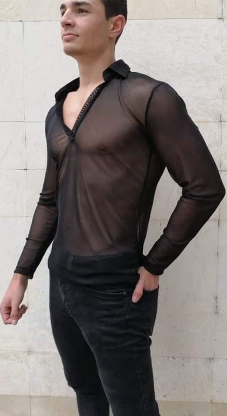 Mesh Shirt Outfit Long Sleeve,black Men's Sheer Shirt, Black Modern ...