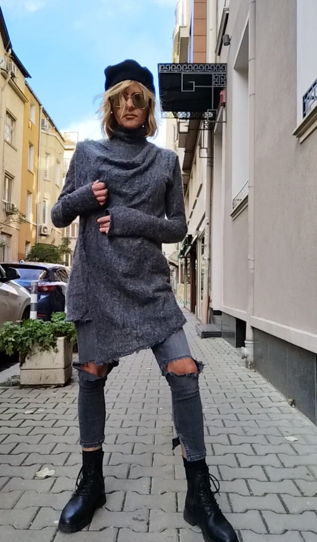 Wool Tunic Dress, Cowl Neck Sweater, Casual Sweater Dress, Grey Blouse ...