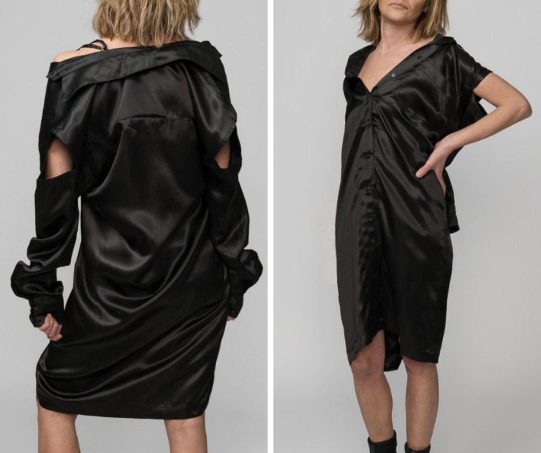 Satin Shirt Dress Cold Shoulders Step Hem Tunic Asymmetrical Blouse ...
