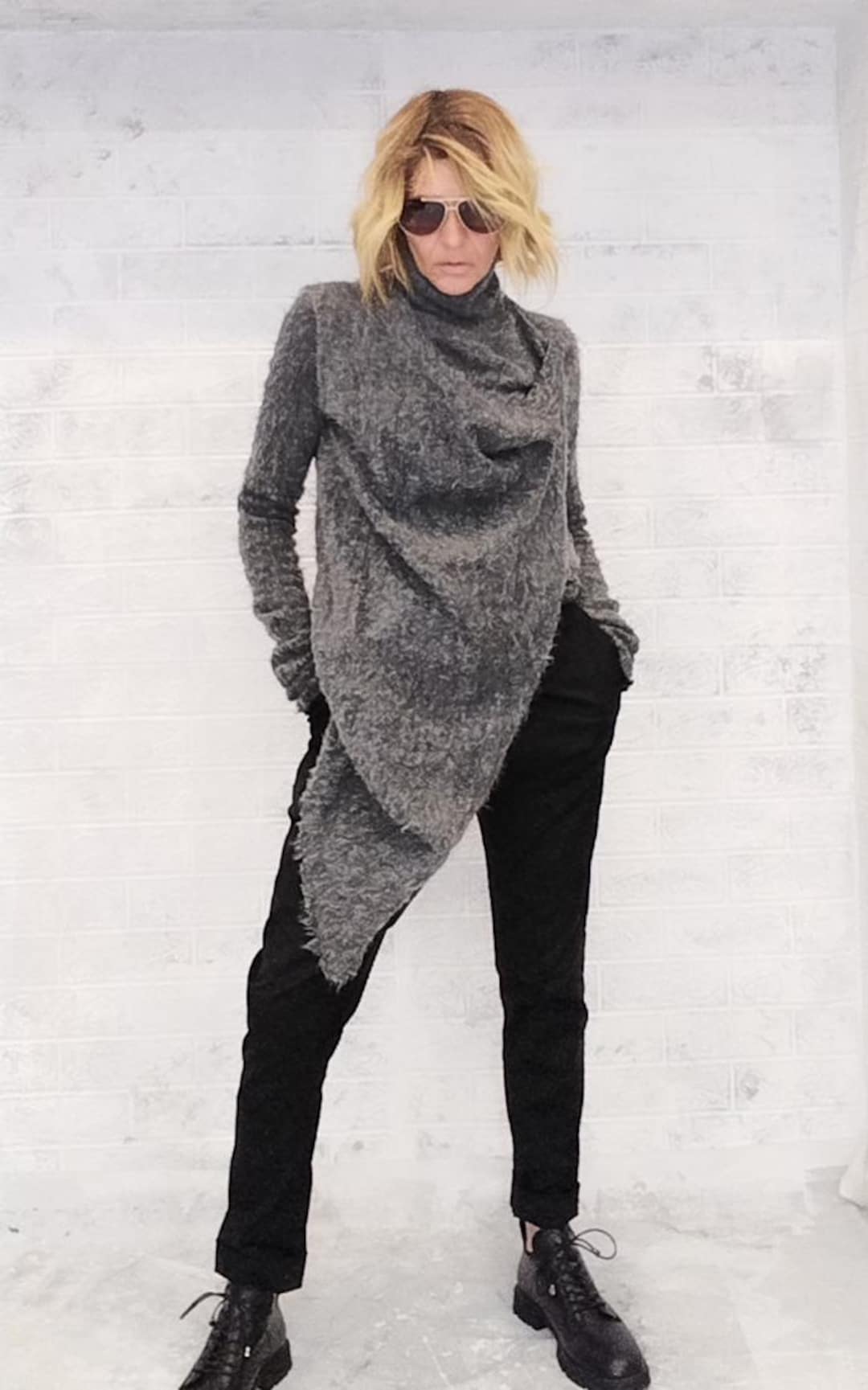 Wool Tunic Dress, Cowl Neck Sweater, Casual Sweater Dress, Grey Blouse ...