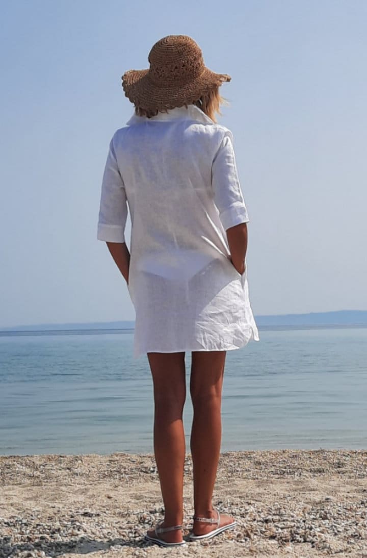 Short Linen Dress, White Color Linen Long Sleeve Dress, Loose Summer ...