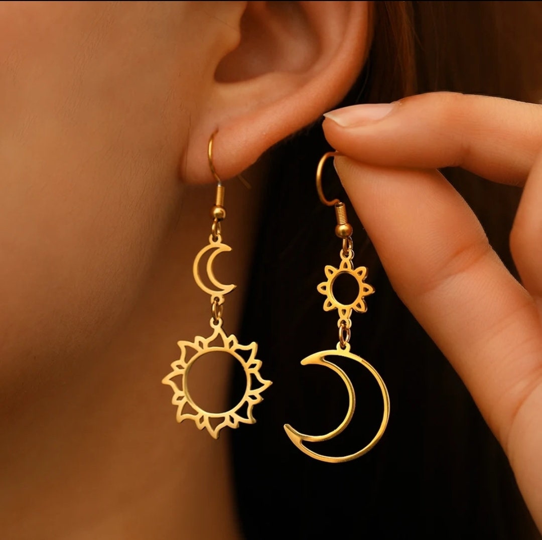 Celestial Sun & Moon Earrings, Stainless Steel, Dangle Earrings, Cute Bohemian, Gift - Etsy