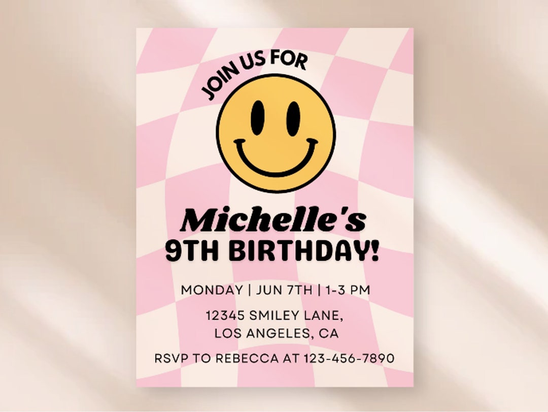 Smile Birthday Invitation, Teen Girls Birthday Invite, Trendy Retro ...