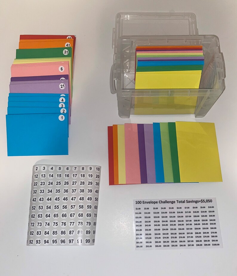 100 Envelope Challenge Kit ( 3x5 Box,100 Envelopes, Laminated Tracker ...