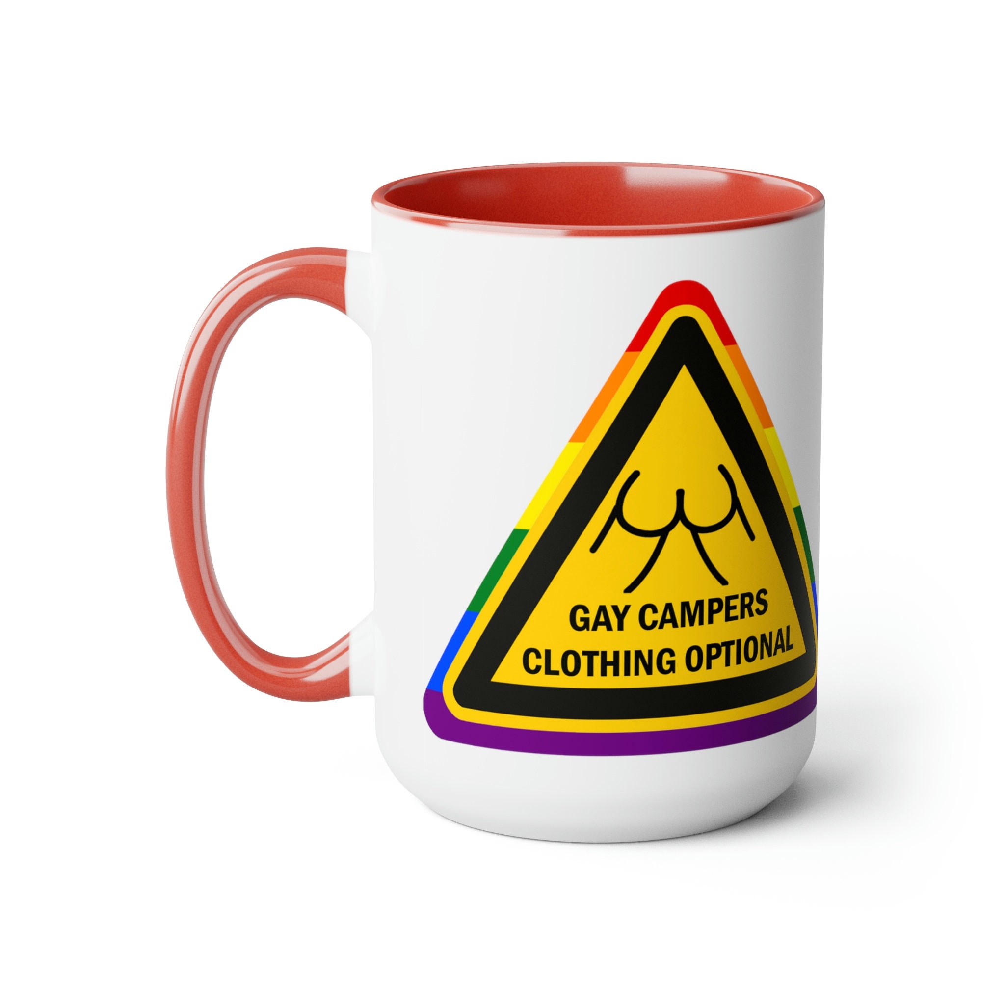 Gay Campers - Clothing Optional Warning Sign Two-tone Coffee Mugs, 15oz ...