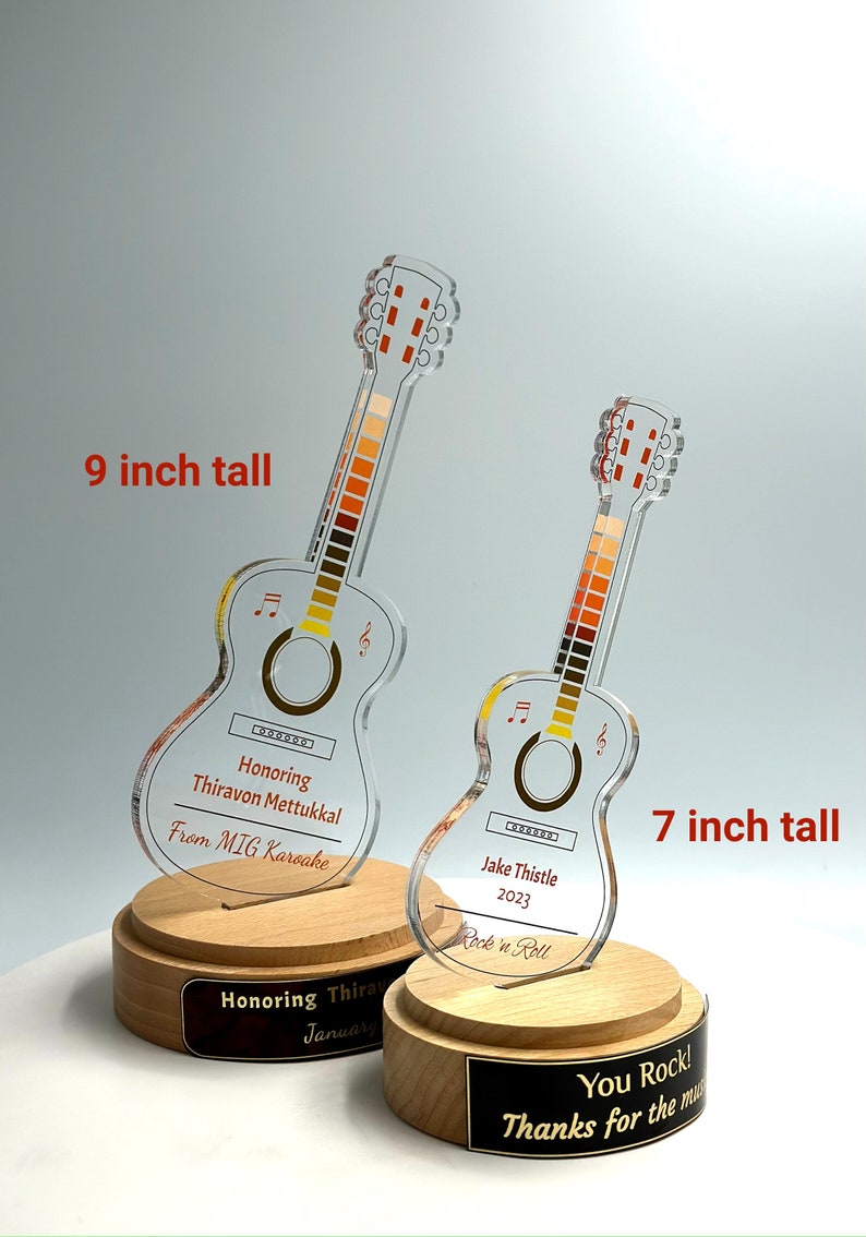 Guitar Acrylic Trophy With Solid Round Wood Base / Music Award ...