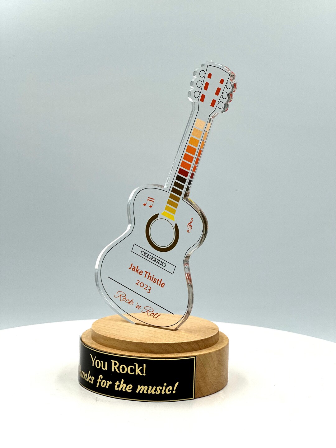 Guitar Acrylic Trophy With Solid Round Wood Base / Music Award ...