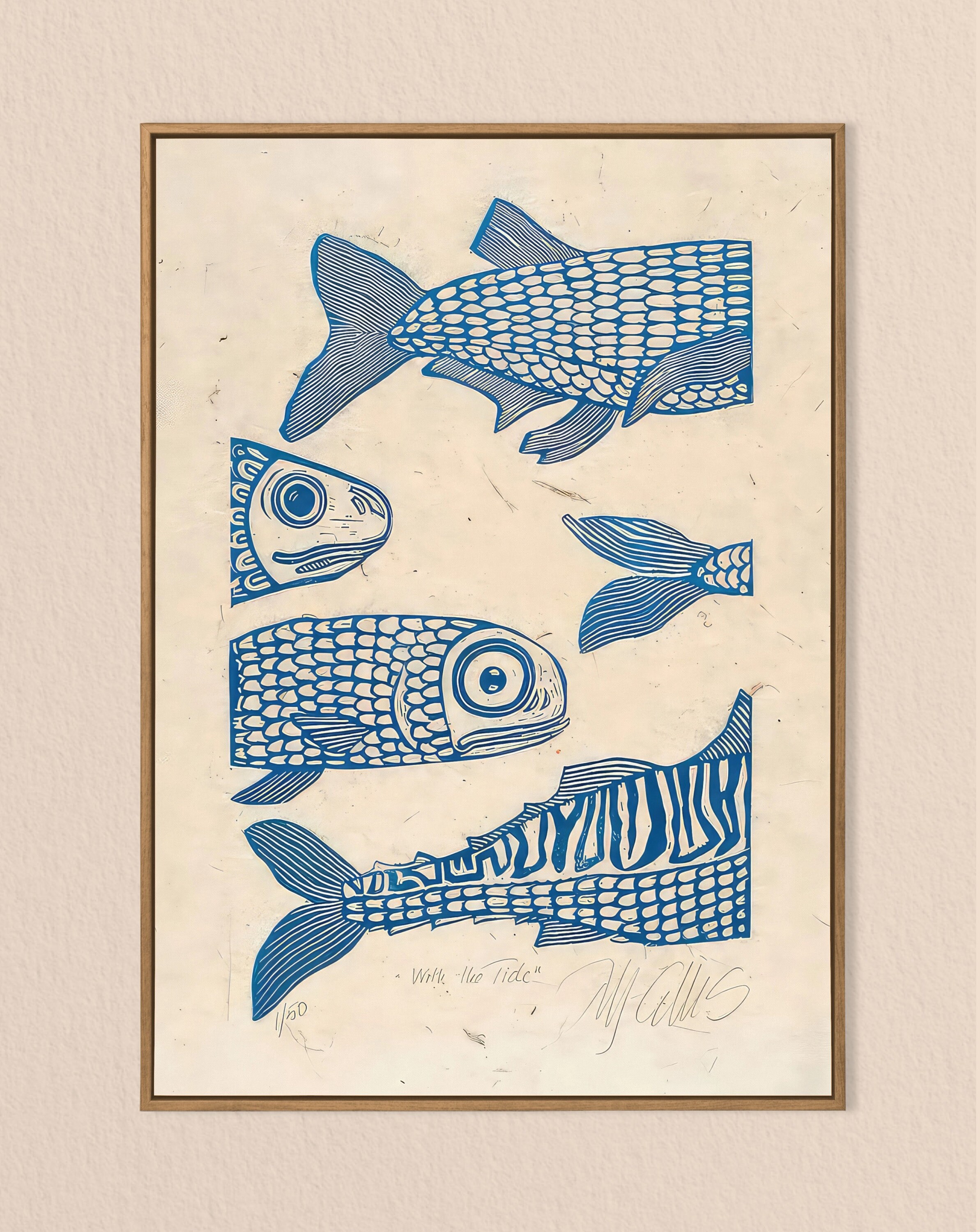 Retro Fish Illustration Poster Blue Fish Painting Wall Art Animals ...