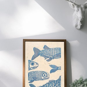 Retro Fish Illustration Poster Blue Fish Painting Wall Art Animals ...