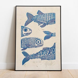 Retro Fish Illustration Poster Blue Fish Painting Wall Art Animals ...