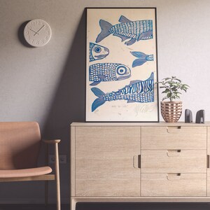 Retro Fish Illustration Poster Blue Fish Painting Wall Art Animals ...
