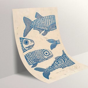Retro Fish Illustration Poster Blue Fish Painting Wall Art Animals ...