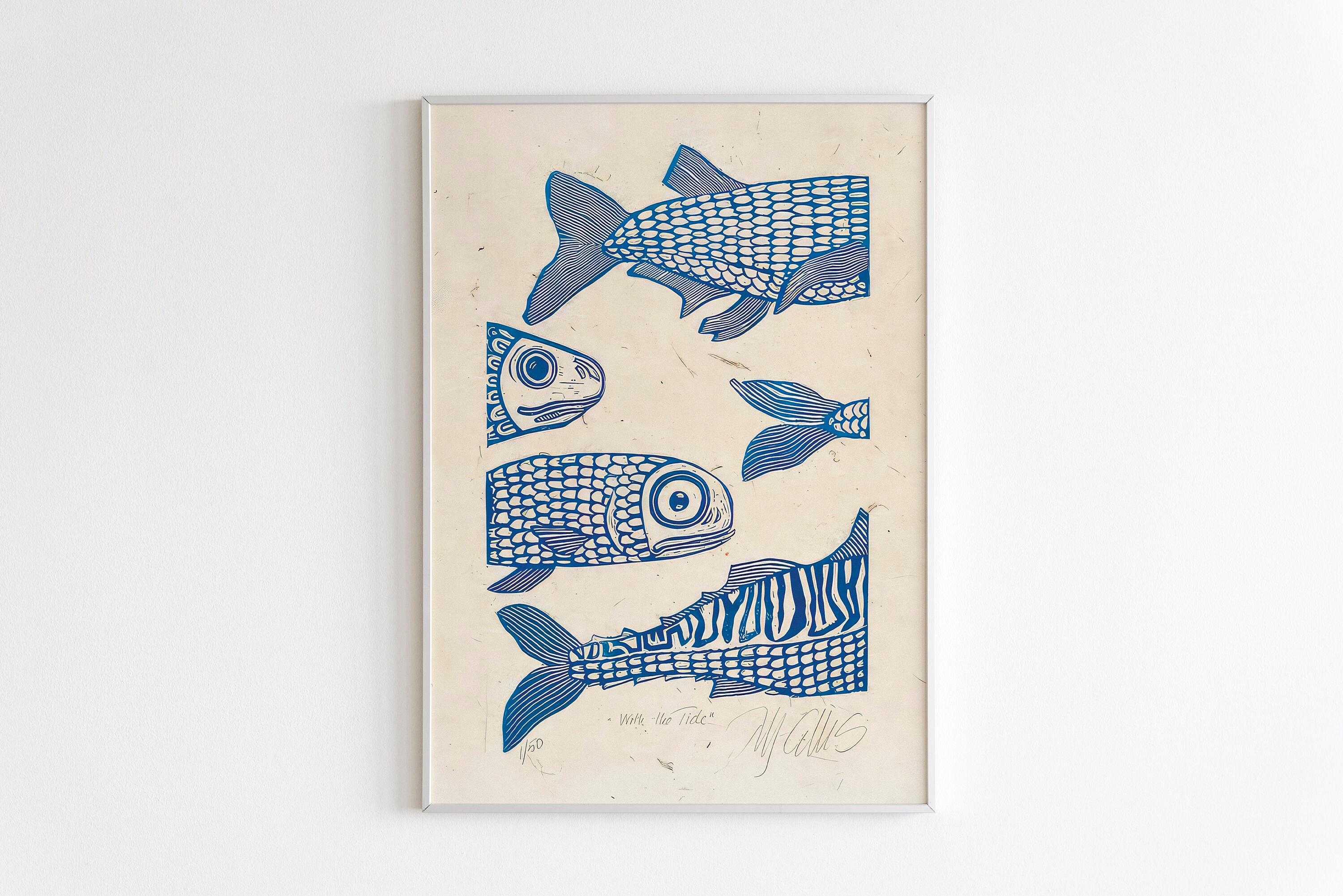 Retro Fish Illustration Poster Blue Fish Painting Wall Art Animals ...
