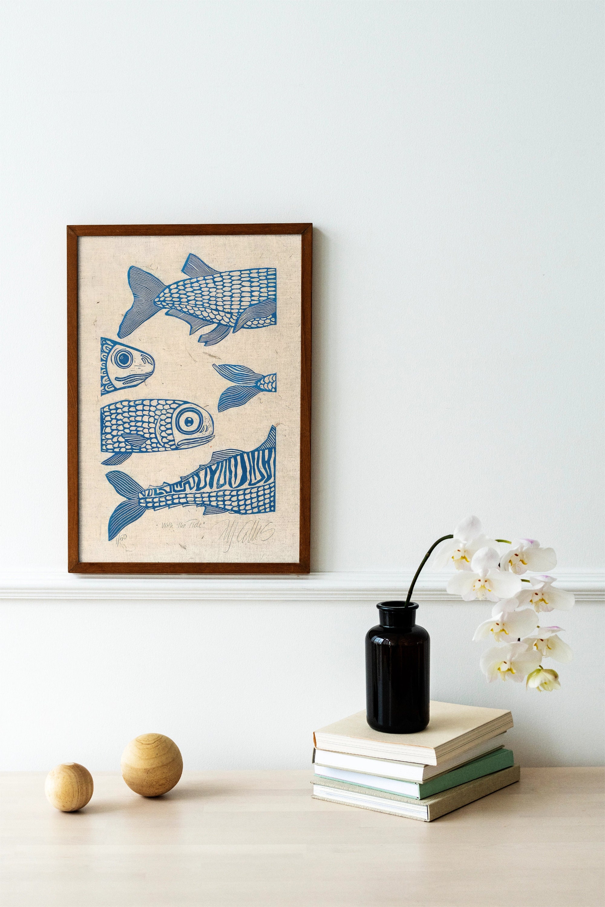 Retro Fish Illustration Poster Blue Fish Painting Wall Art Animals ...