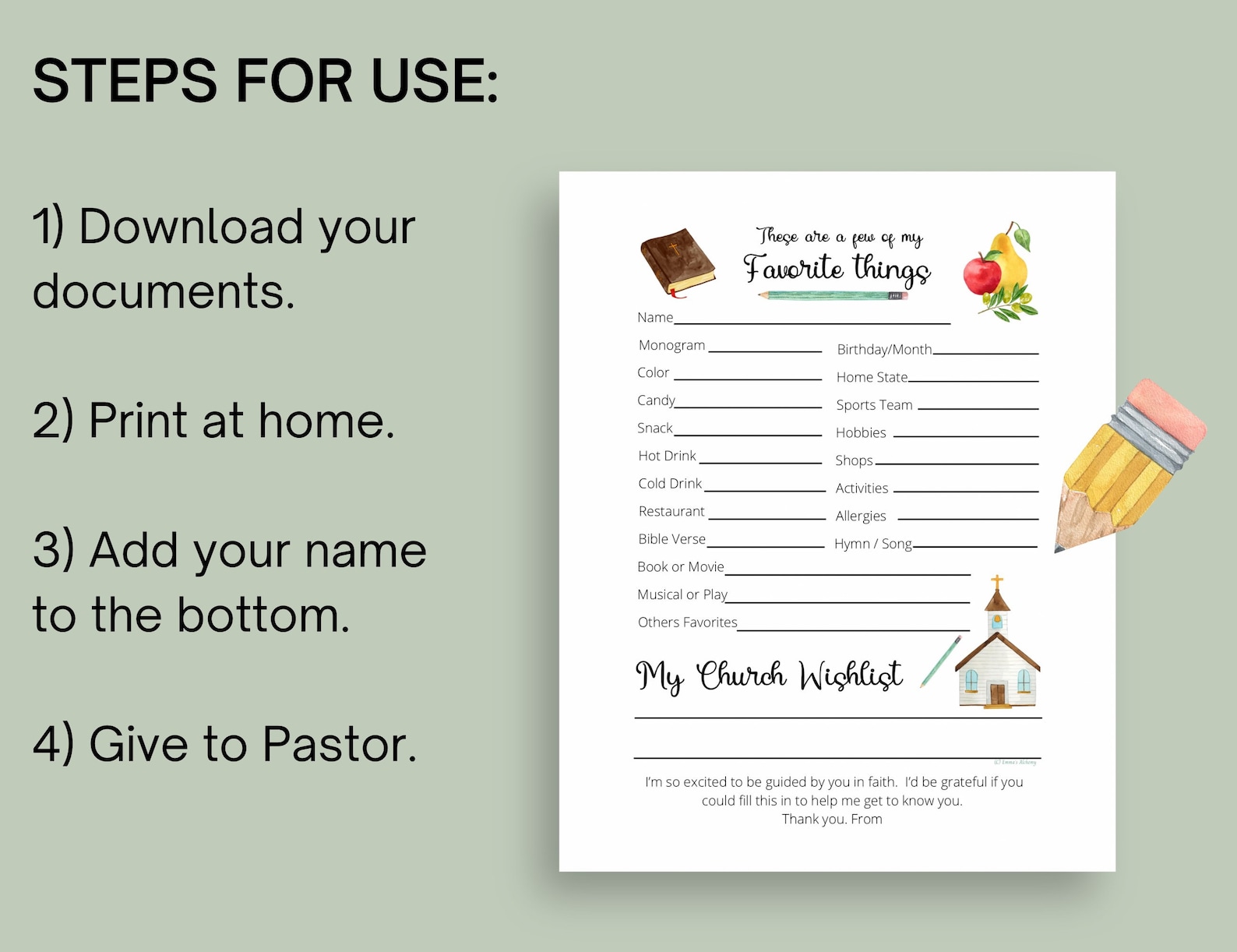 Pastor Favorite Things Survey, Gift Appreciation Questionnaire for ...