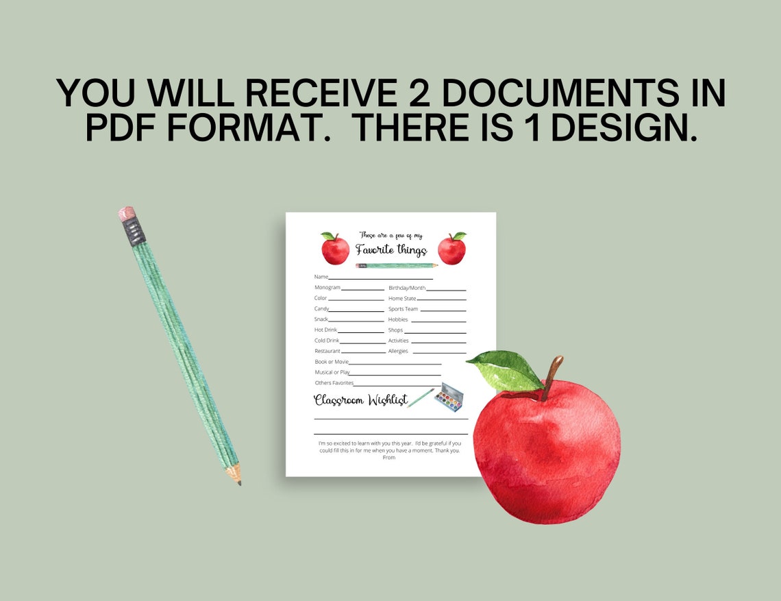 Teacher Favorite Things Survey, Gift Appreciation Questionnaire, Back ...