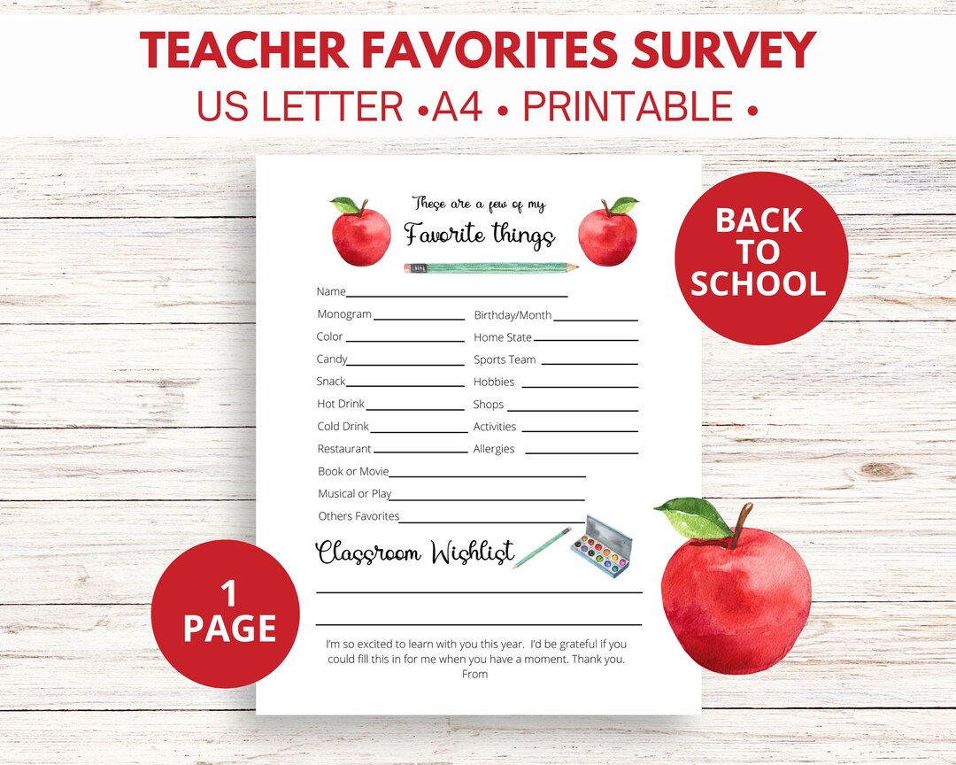 Teacher Favorite Things Survey, Gift Appreciation Questionnaire, Back ...