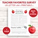 Teacher Favorite Things Survey, Gift Appreciation Questionnaire, Back ...