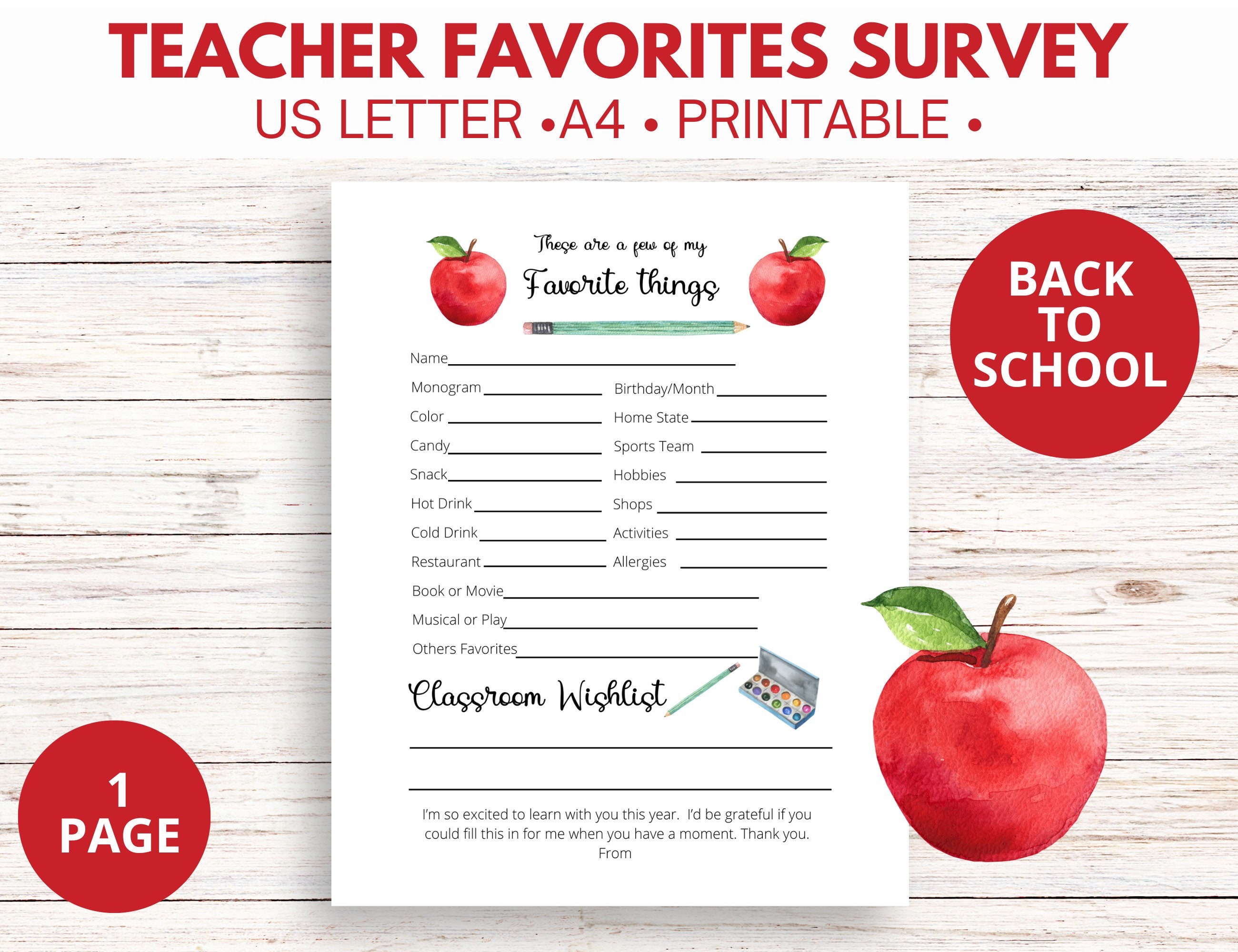 Teacher Favorite Things Survey, Gift Appreciation Questionnaire, Back ...