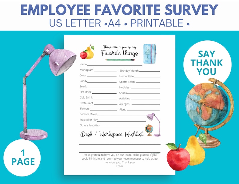 Employee Favorite Things Survey List. Gift Appreciation Questionnaire ...