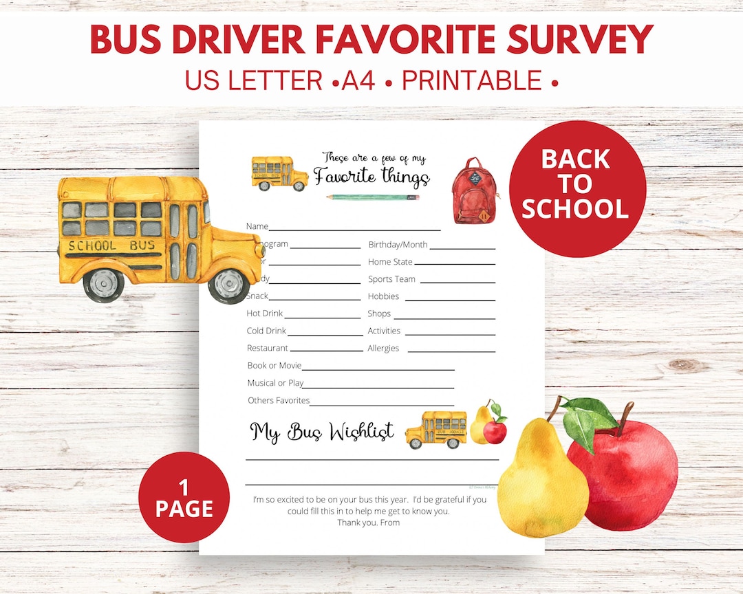 Bus Driver Favorite Things Survey, Gift Appreciation Questionnaire ...