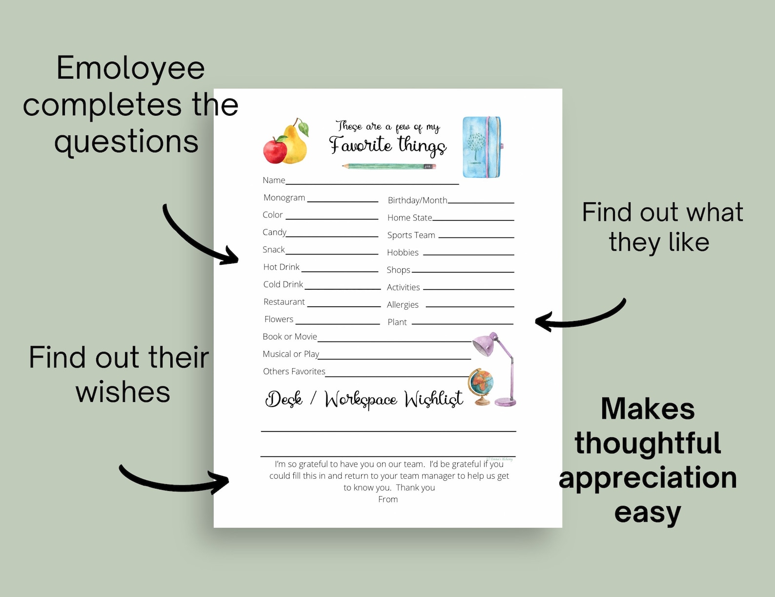 Employee Favorite Things Survey List. Gift Appreciation Questionnaire ...