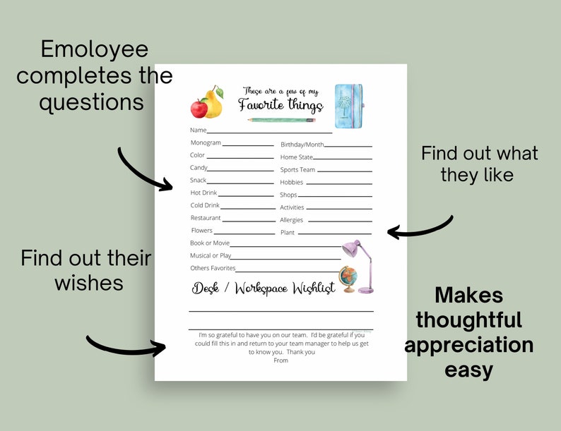 Employee Favorite Things Survey List. Gift Appreciation Questionnaire ...