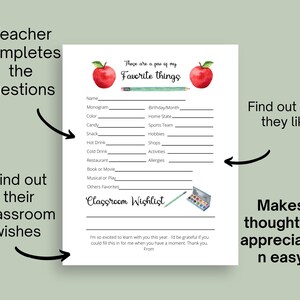 Teacher Favorite Things Survey, Gift Appreciation Questionnaire, Back ...