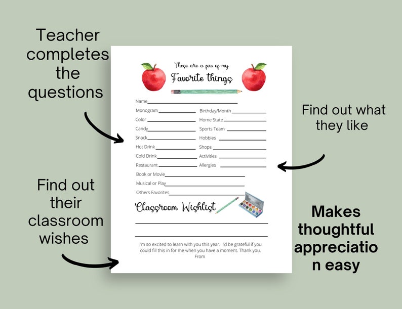 Teacher Favorite Things Survey, Gift Appreciation Questionnaire, Back ...