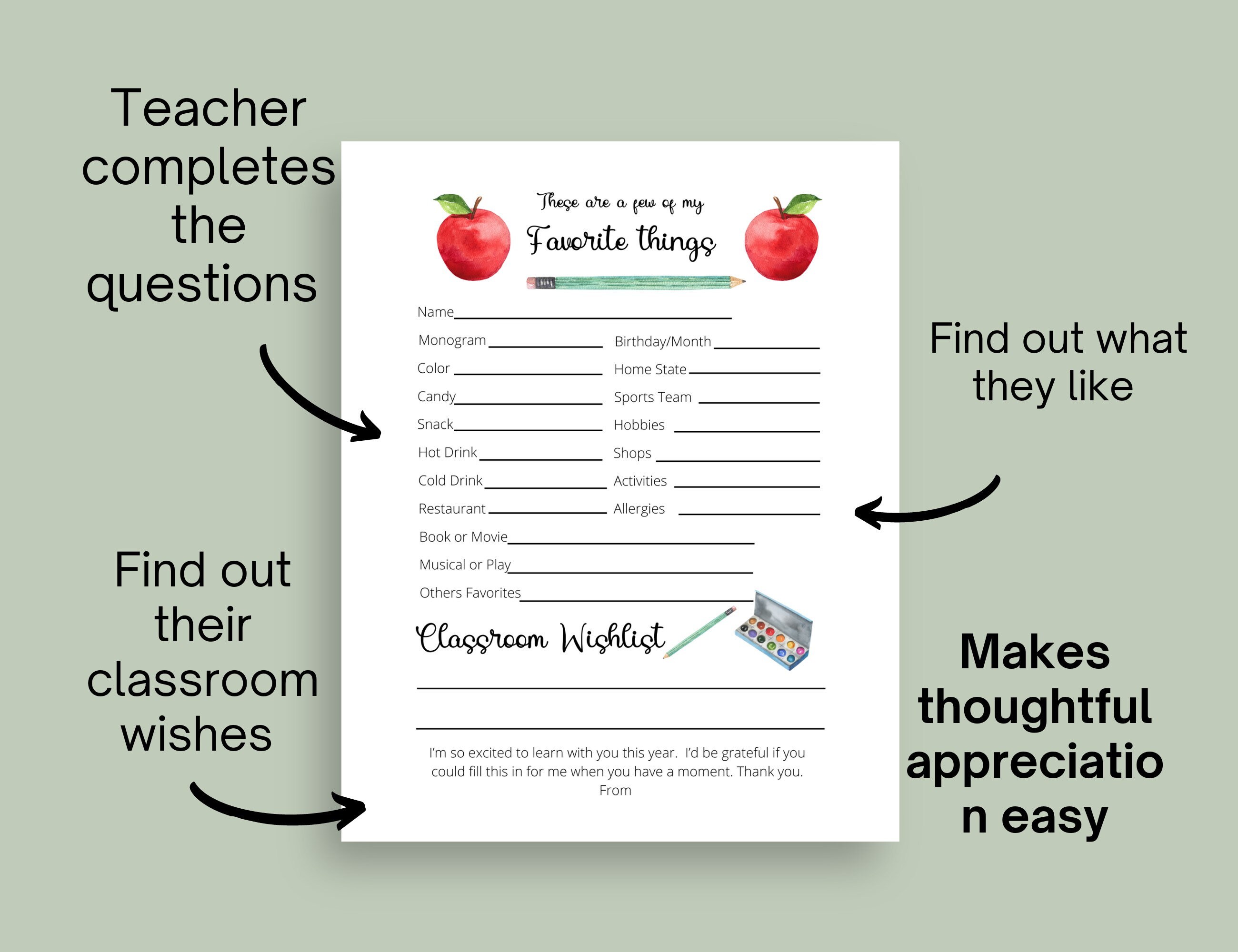 Teacher Favorite Things Survey, Gift Appreciation Questionnaire, Back ...