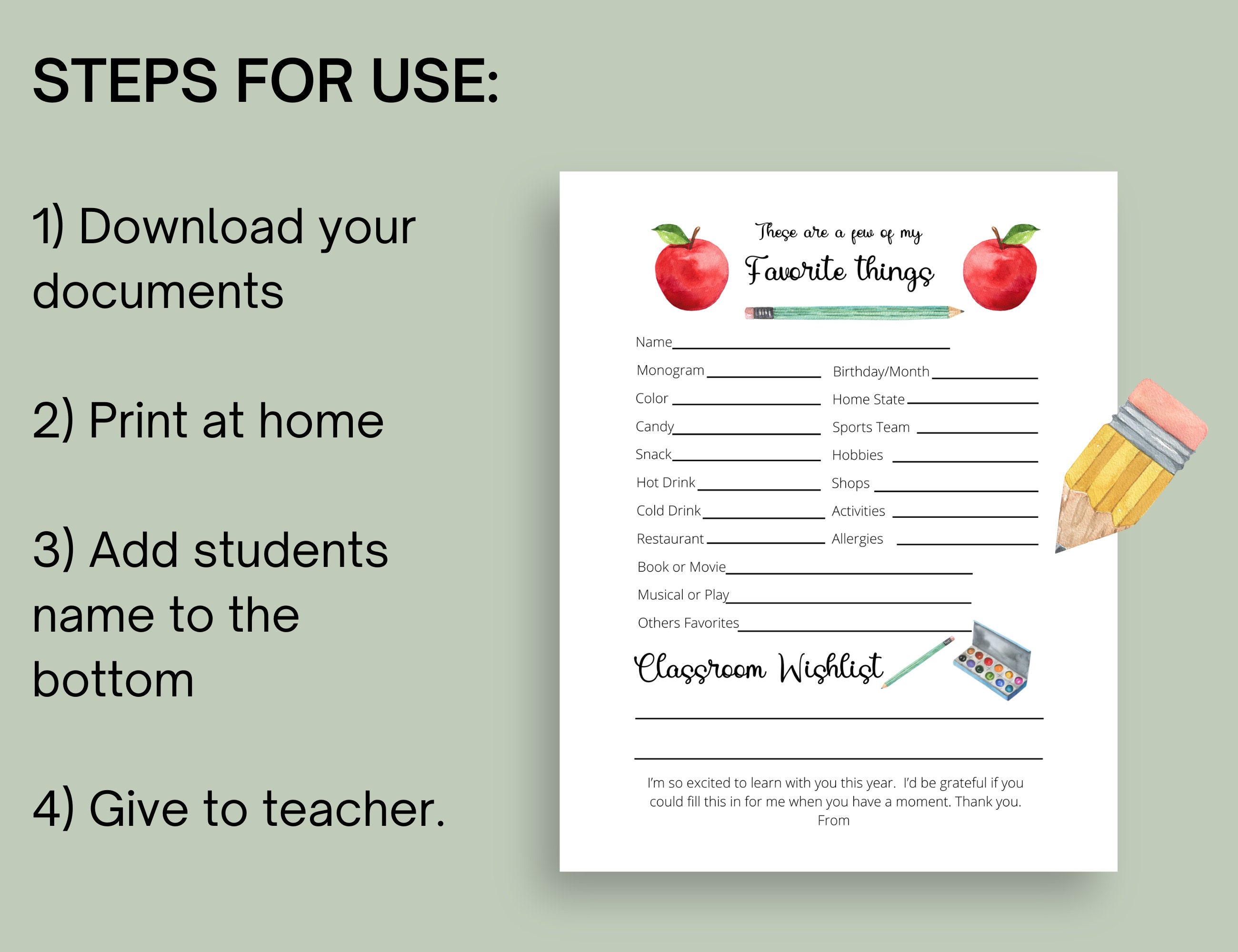 Teacher Favorite Things Survey, Gift Appreciation Questionnaire, Back ...