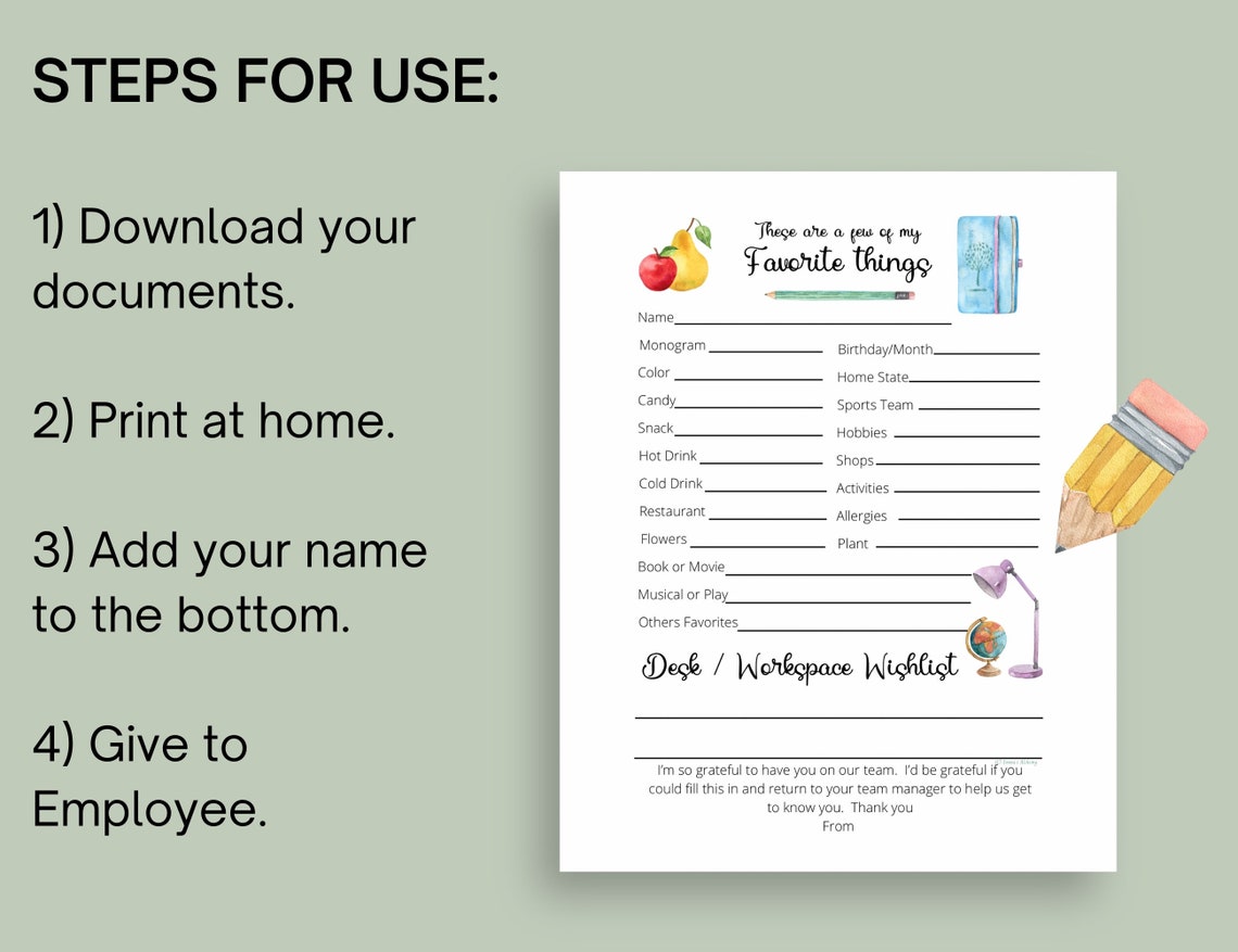 Employee Favorite Things Survey List. Gift Appreciation Questionnaire ...
