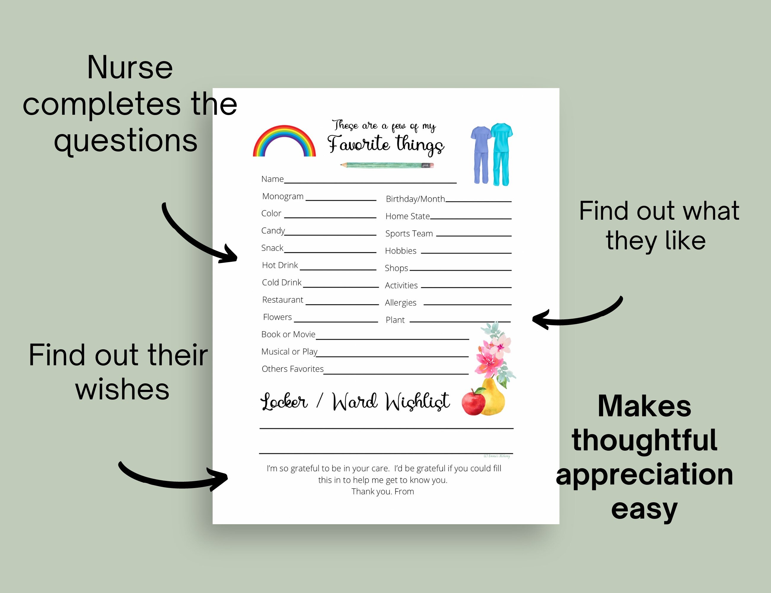 Nurse Favorite Things Survey, Gift Appreciation Questionnaire for ...