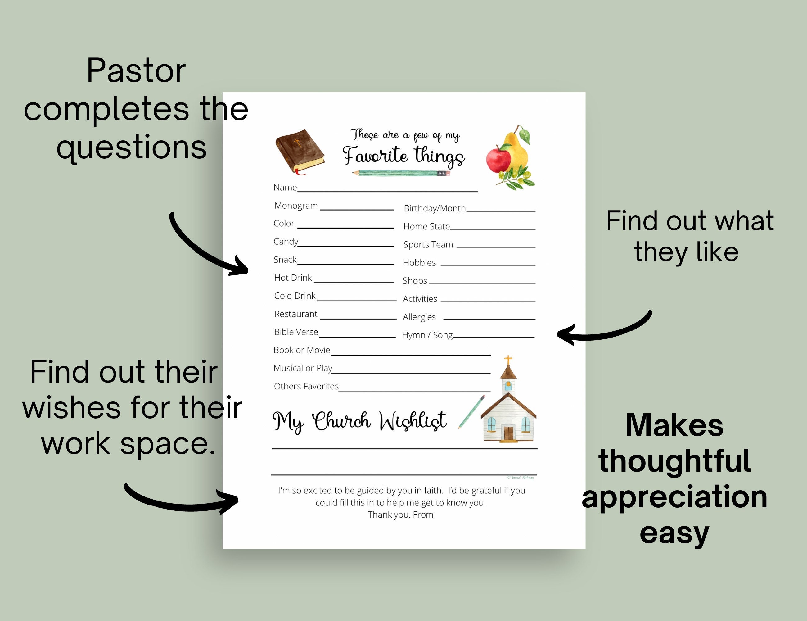 Pastor Favorite Things Survey, Gift Appreciation Questionnaire for ...