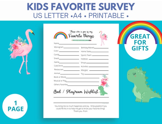 Kid Favorite Things Survey for Birthday Appreciation Gift - Etsy