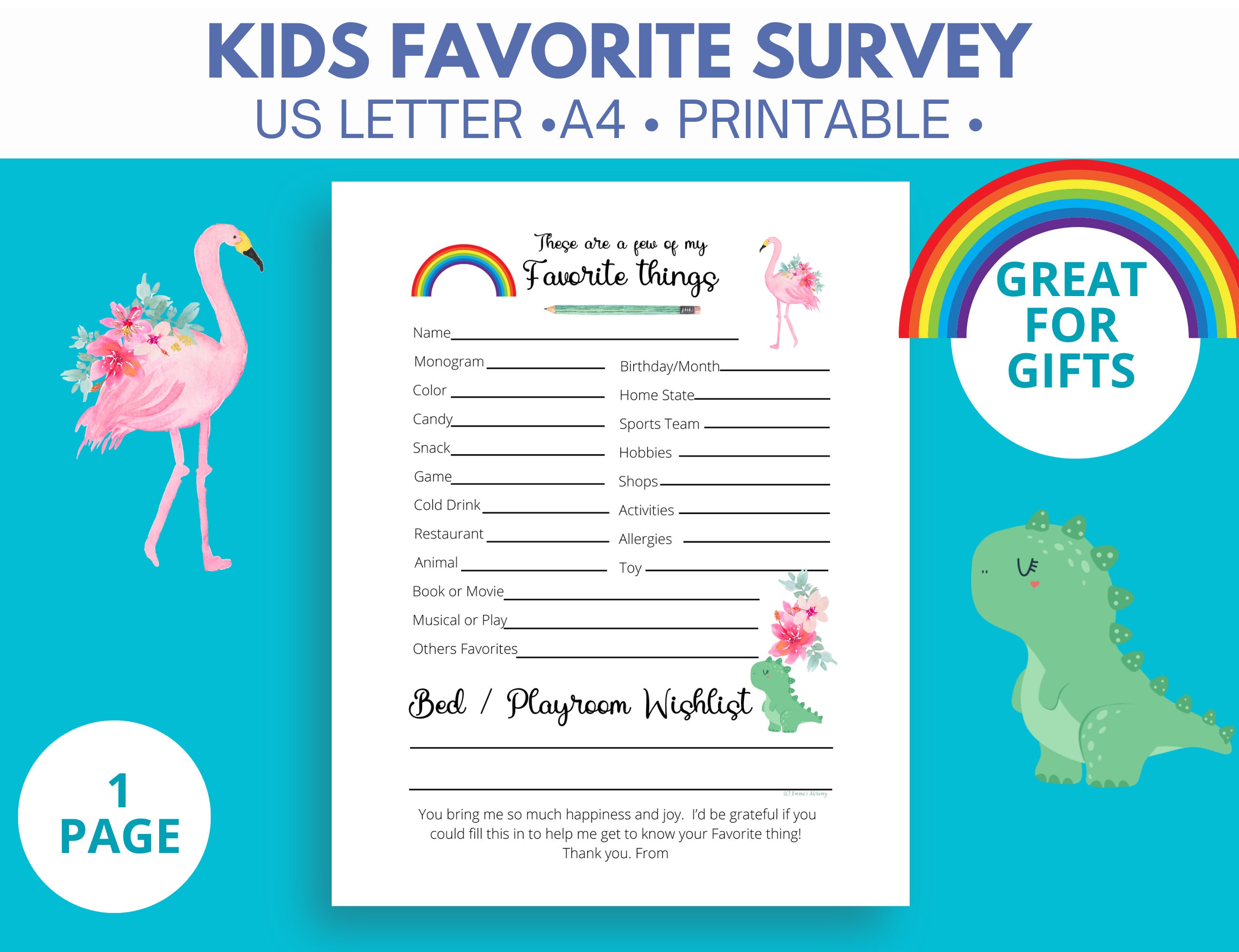 Kid Favorite Things Survey for Birthday Appreciation Gift Ideas - Etsy