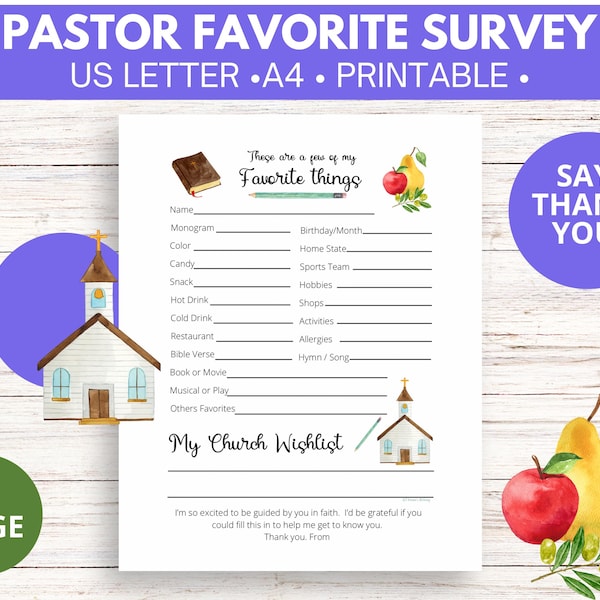Pastor Favorite Things Survey, Gift Appreciation Questionnaire for ...