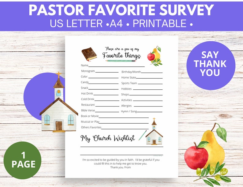 Pastor Favorite Things Survey, Gift Appreciation Questionnaire for ...