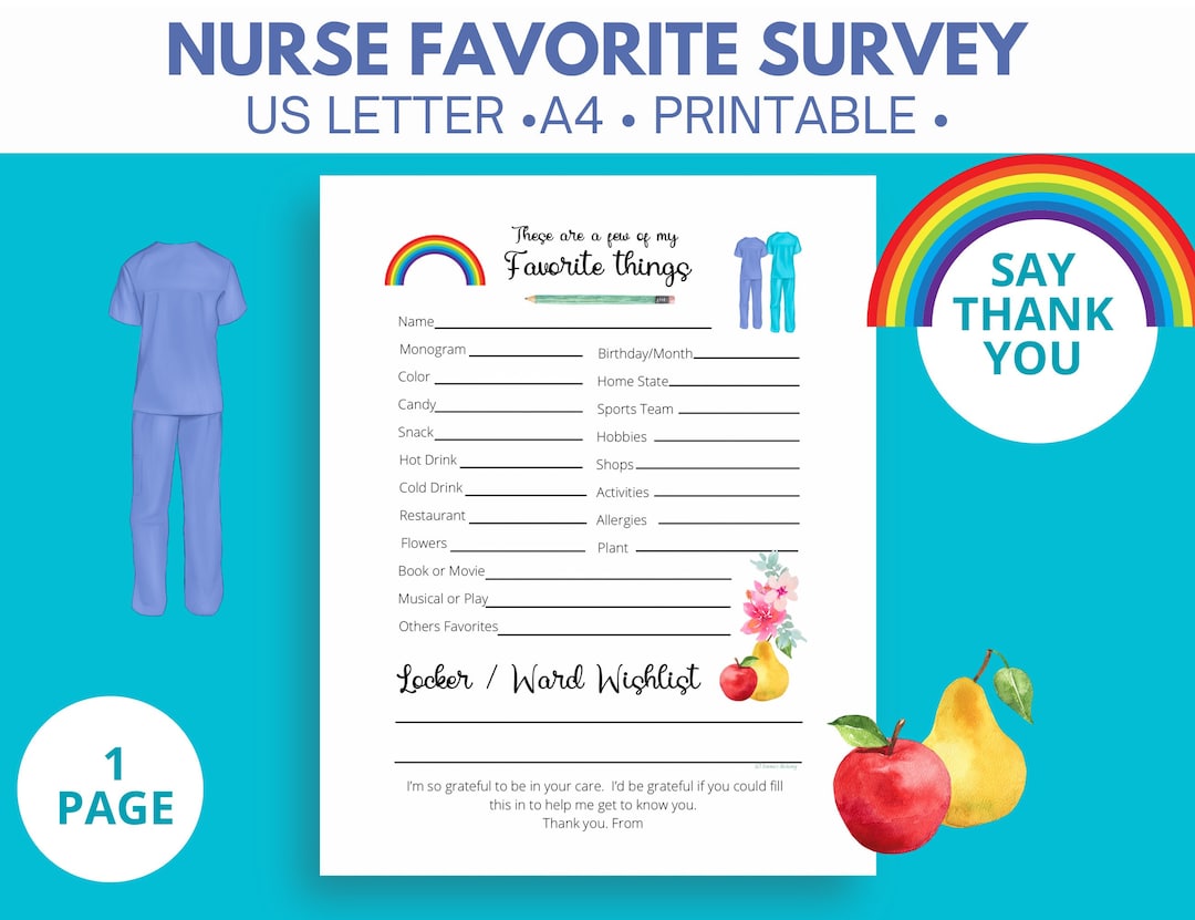 Nurse Favorite Things Survey, Gift Appreciation Questionnaire for ...