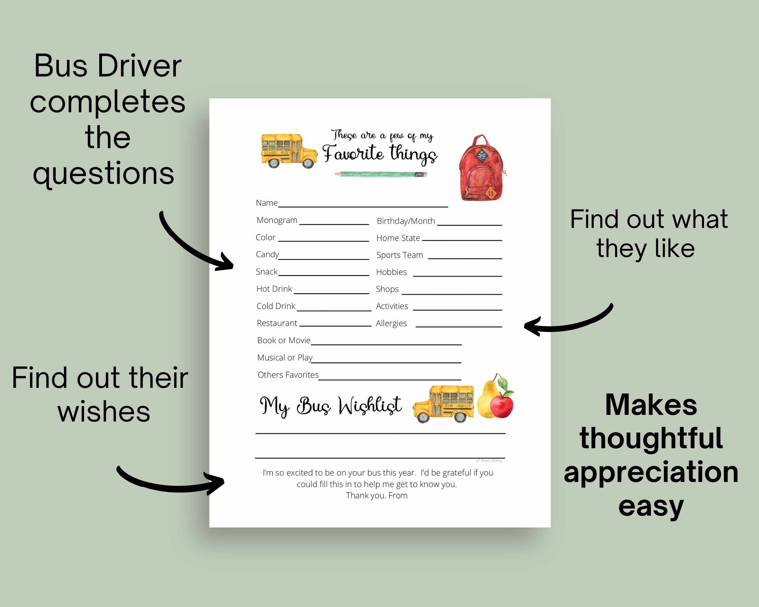 Bus Driver Favorite Things Survey, Gift Appreciation Questionnaire ...