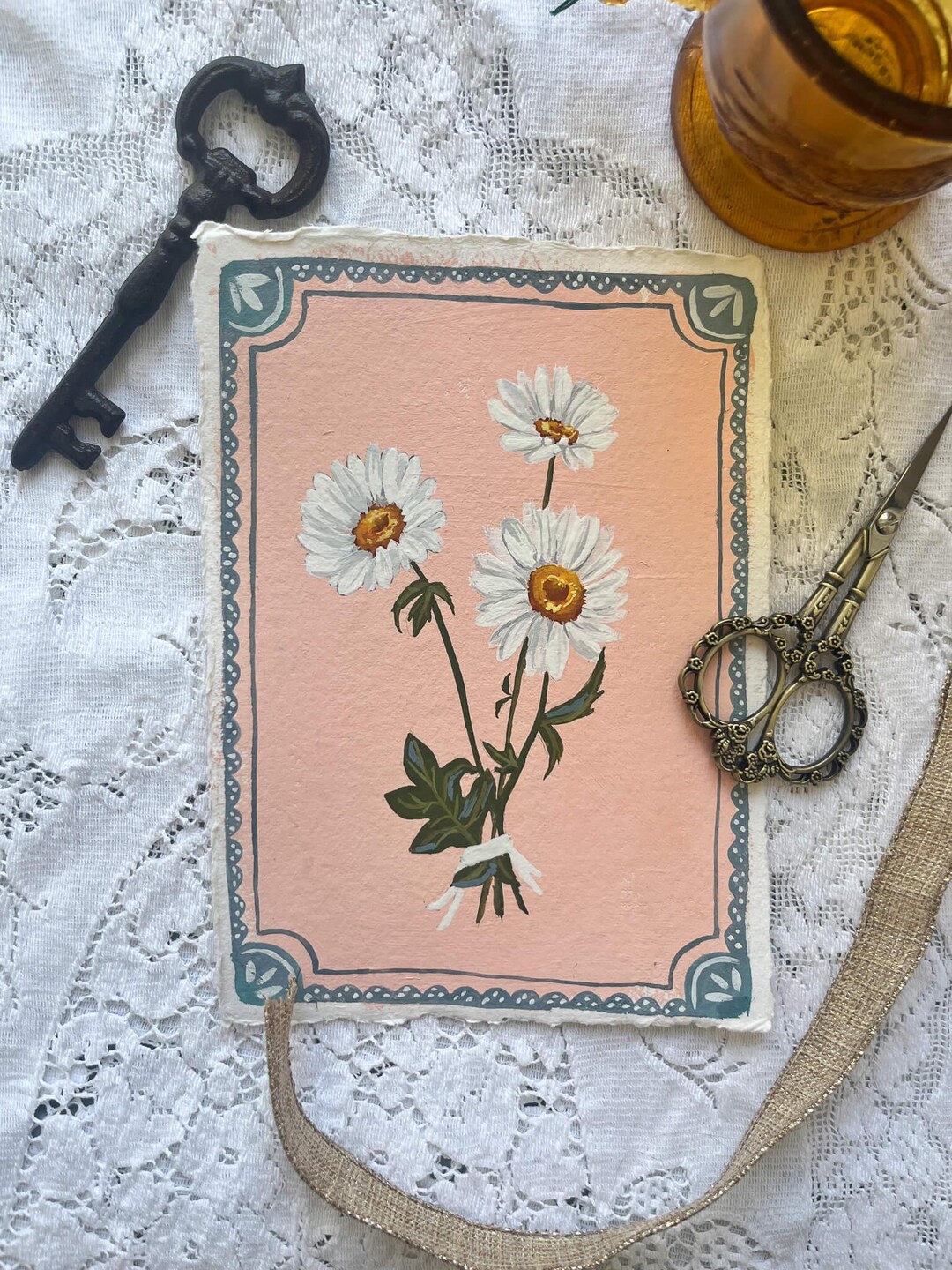 Original April Birth Flower Painting – Daisy Art on Handmade Paper ...