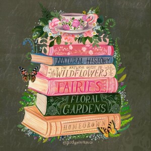 Book Stack Art Print Vintage Cottagecore Book Lover Gift With Teacup ...