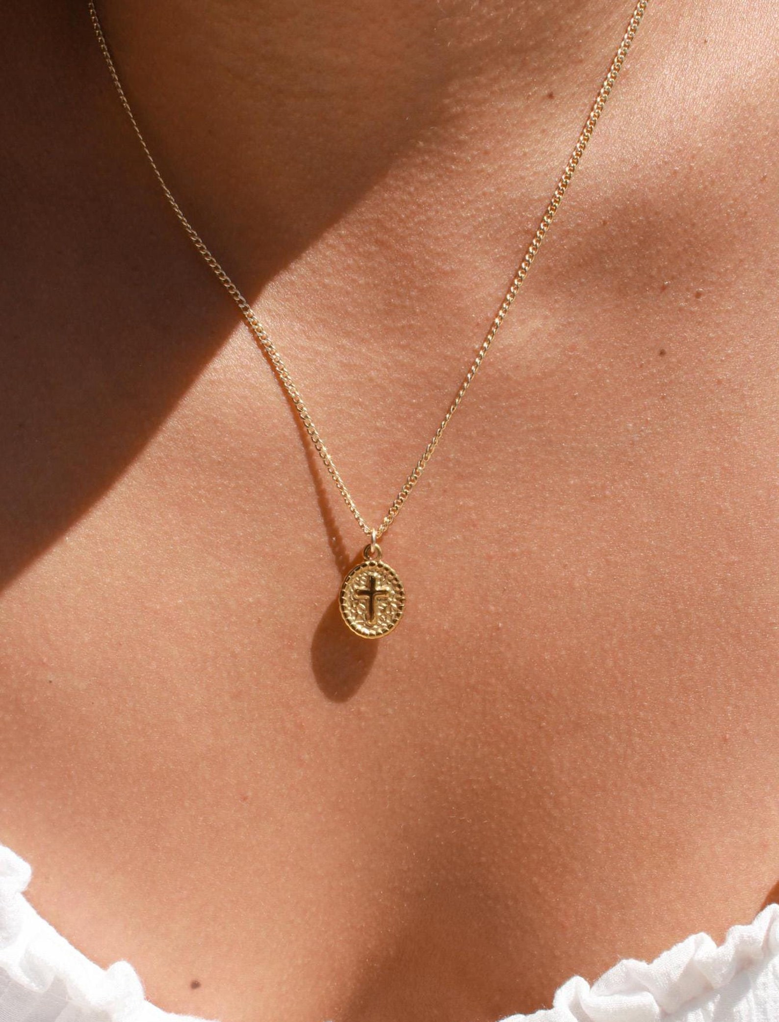 Gold Coin Cross Necklace, Cross Charm, Round Oval Coin Charm Necklace ...