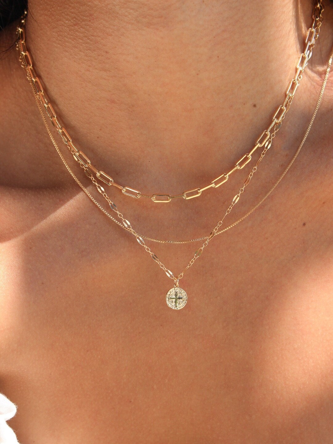 St. Benedict Coin Necklace, Gold Filled Medallion Necklace, Layering ...