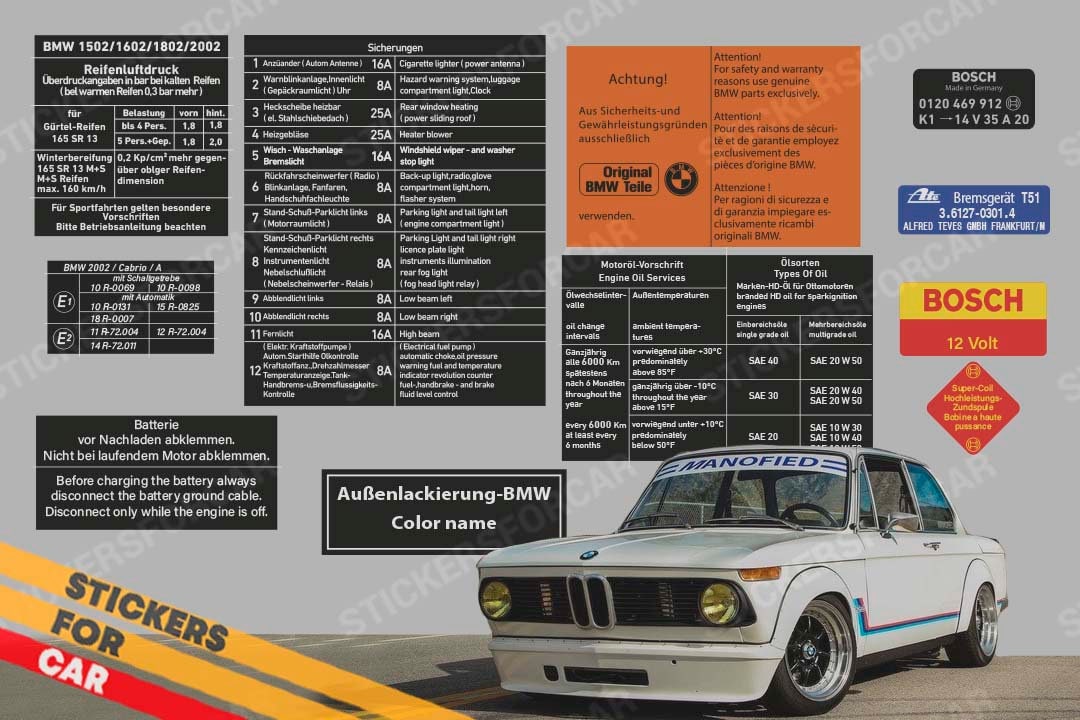 BMW 02 1502 1602 1802 2002 TI TII Turbo Calcomanías del motor Sticker ...