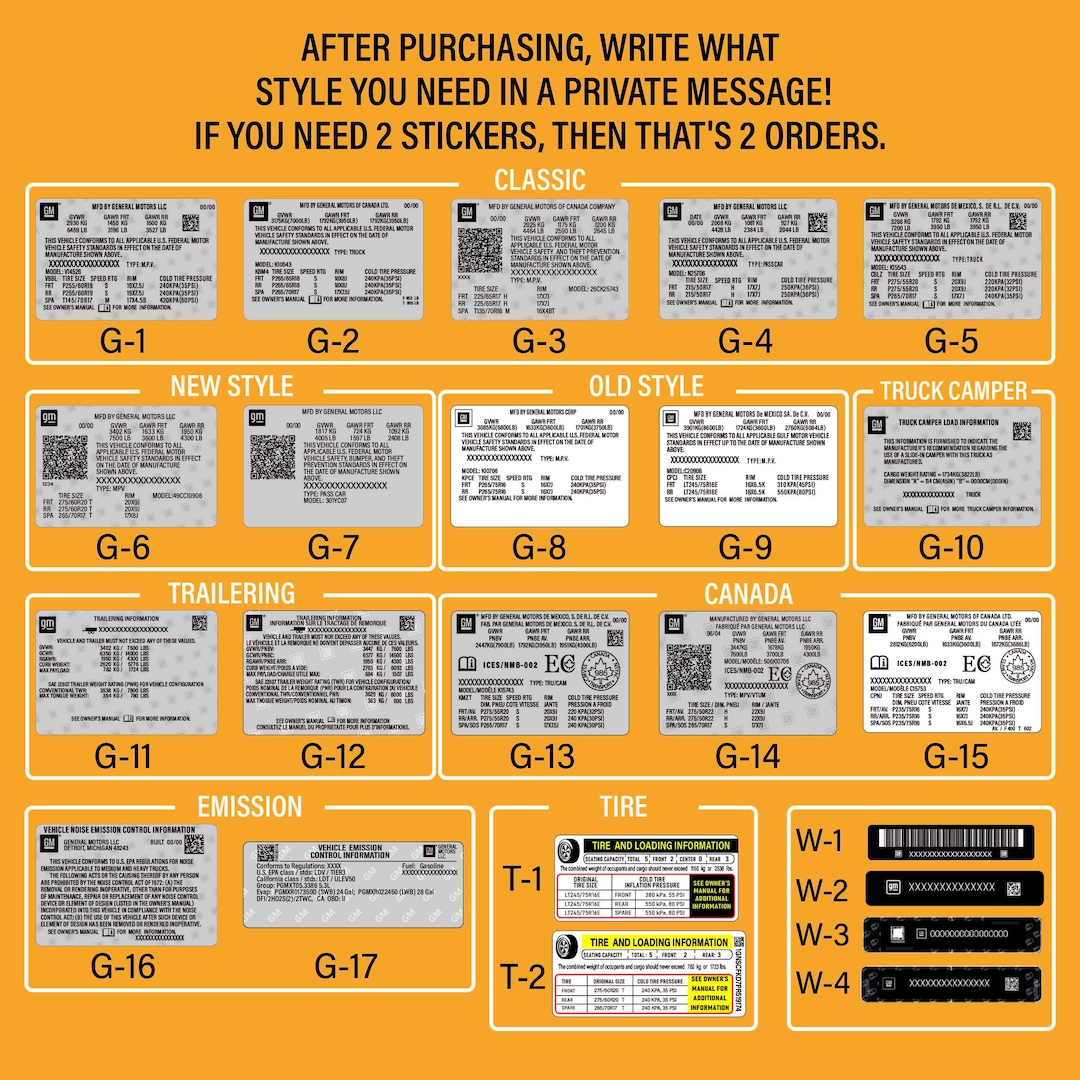 GM Number Information Tire Loading and Trailer Loading Sticker Replica ...