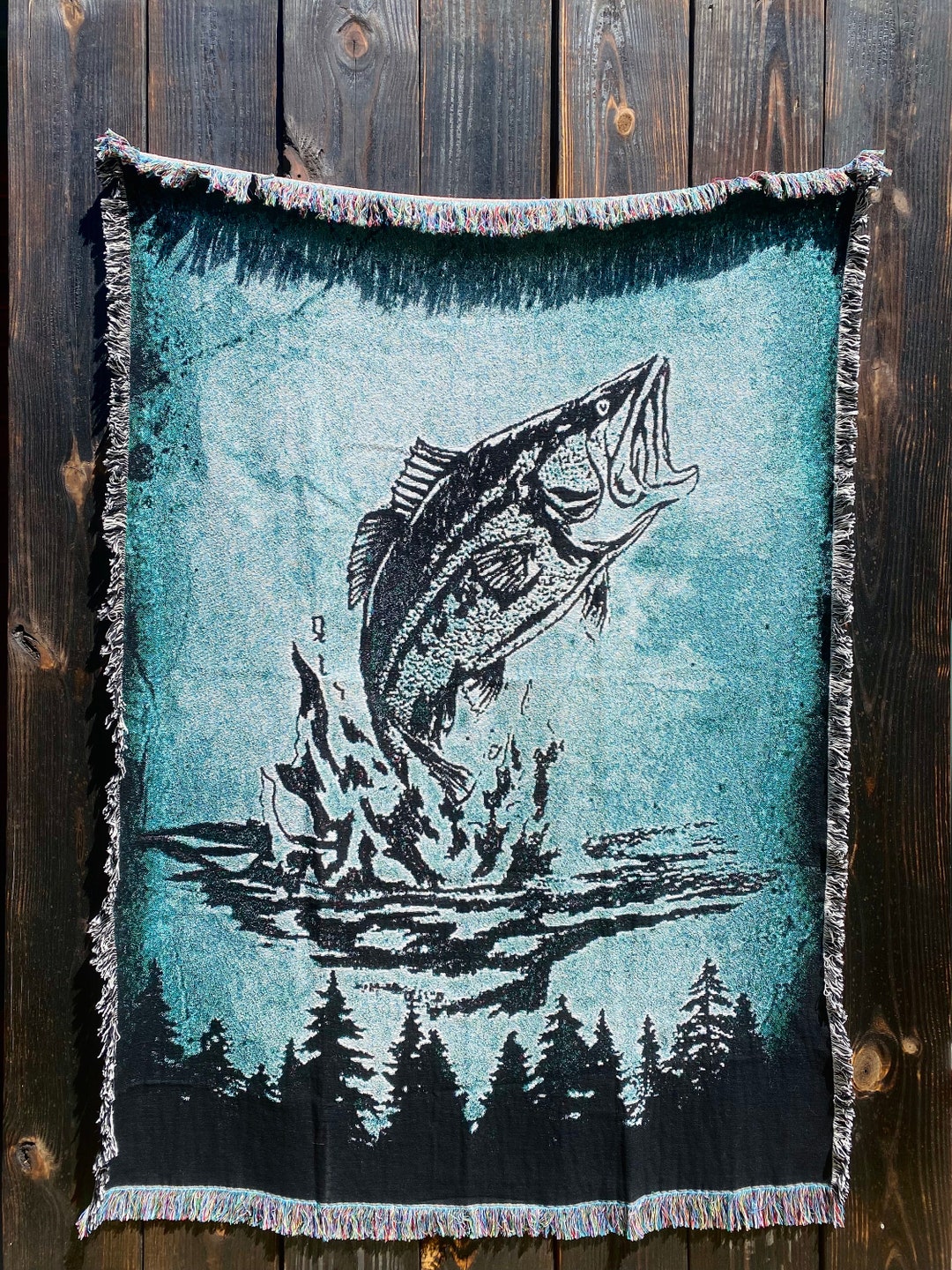 Woven Bass Blanket | Rustic Wildlife Tapestry | Fishing Blanket for Him ...