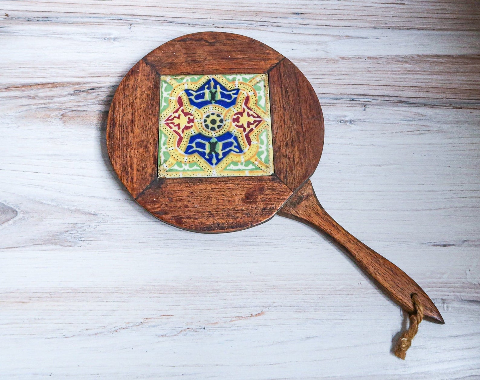 Wood and Hand Painted Tile Round Trivet With Handle From - Etsy
